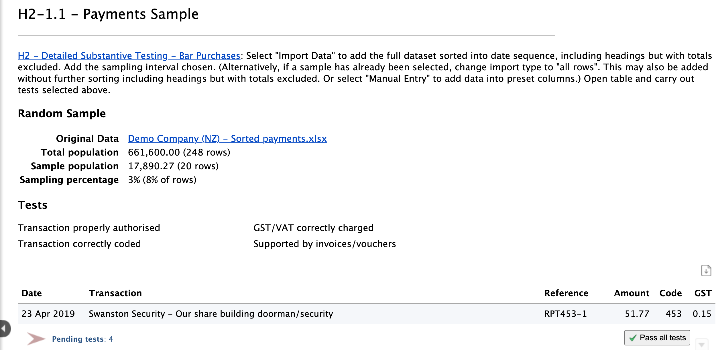 Sample selection and testing tool – Audit Assistant Support