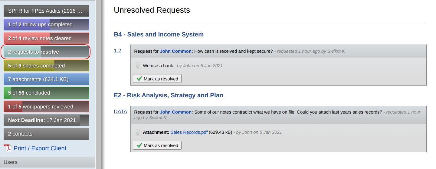 Requests – Audit Assistant Support
